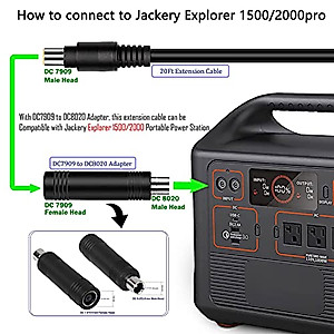 20Ft 14AWG Extension Cable,DC8mm Extension Cable with DC7909 to DC8020 Adapter connectors, fit for Most Below 200W Solar Panel and Jackery Explorer 1000/500/300/240/1500/2000 Portable Power Station