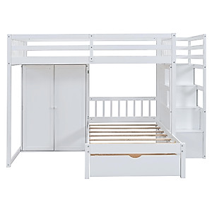 Harper & Bright Designs Full Over Twin Bunk Bed with Stairs & Wardrobe, Wood Bunk Bed with Storage Drawers, Kids Bunk Bed Full Over Twin Size for Bedroom,No Box Spring Needed(White)