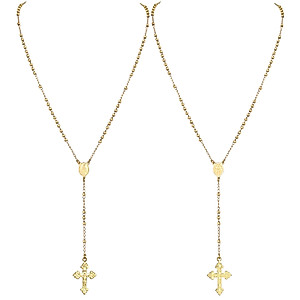 Juvux Cross Necklace Rosary Beads Catholic, Christian Gifts Cross Necklace with Gift Box, Rosary Necklace, Y Necklace Chain for Women Men -20 Inch (Gold)