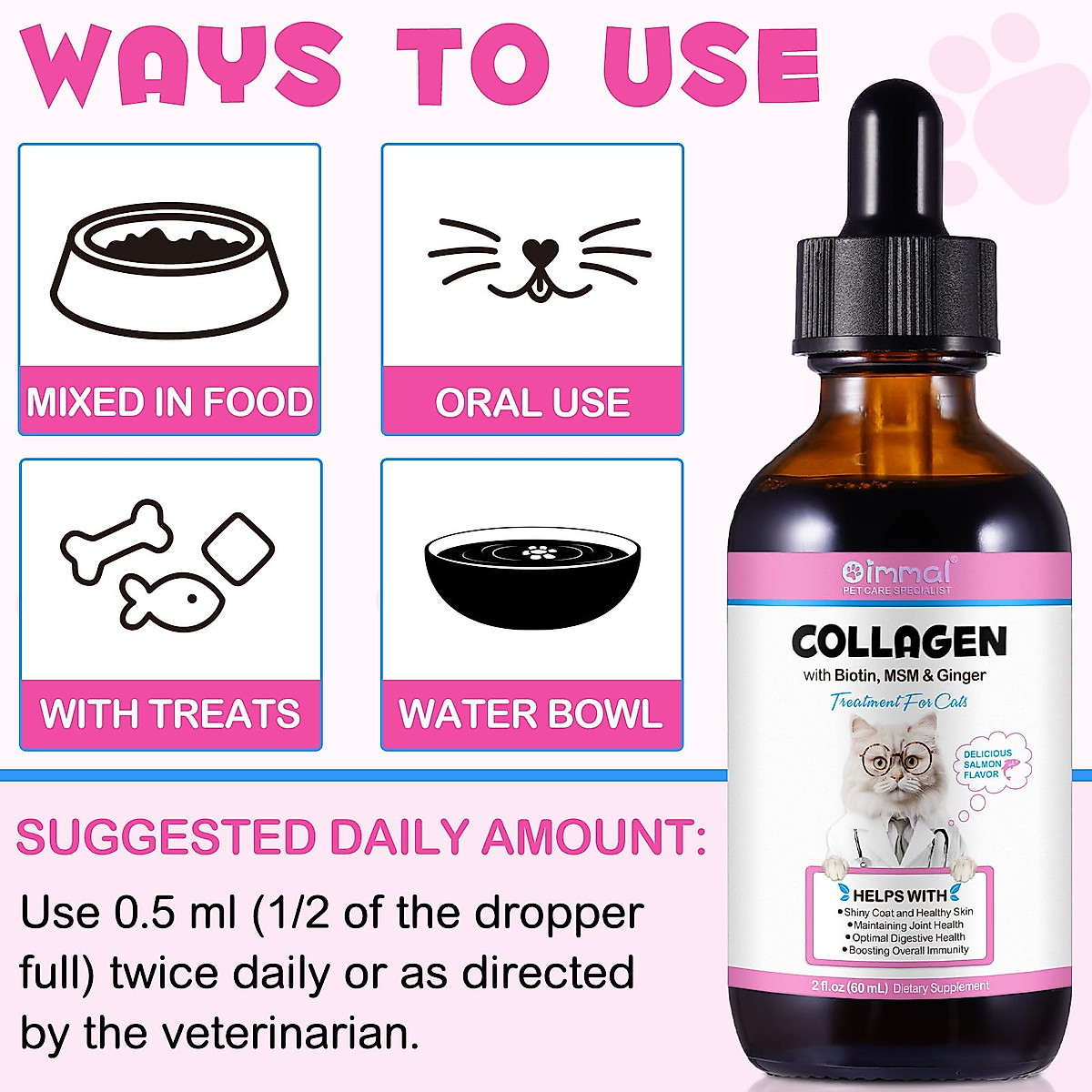 Skin and Coat Supplement for Cats, Collagen for Dogs, Liquid Collagen Boost for Cats, Itch Relief for Cats with Allergies, with Biotin, Support Joints, Skin, Bone & Immune System 2fl.oz