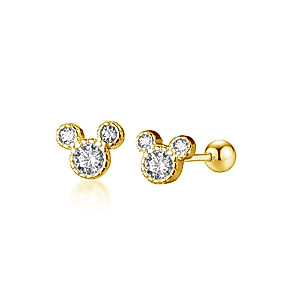 Tiny Cute Mouse Stud Sterling Silver Earrings for Women Girls Gold Plated Cubic Zirconia Mini Small 20g Barbell Ball Studs Cartilage Tragus 4 mm Bead Screw Back Piercing Body Jewelry (Gold)
