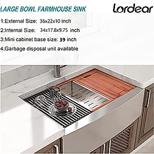 36 Farmhouse Sink Stainless Steel - Lordear 36 inch Kitchen Sink Apron Front Ledge Workstation 16 Gauge Stainless Steel Single Bowl Luxury Farm Sink Basin