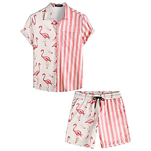 VATPAVE Mens Flamingo Hawaiian Sets Casual Short Sleeve Button Down Shirts Beach Outfits Large Pink Flamingo Shirt and Shorts