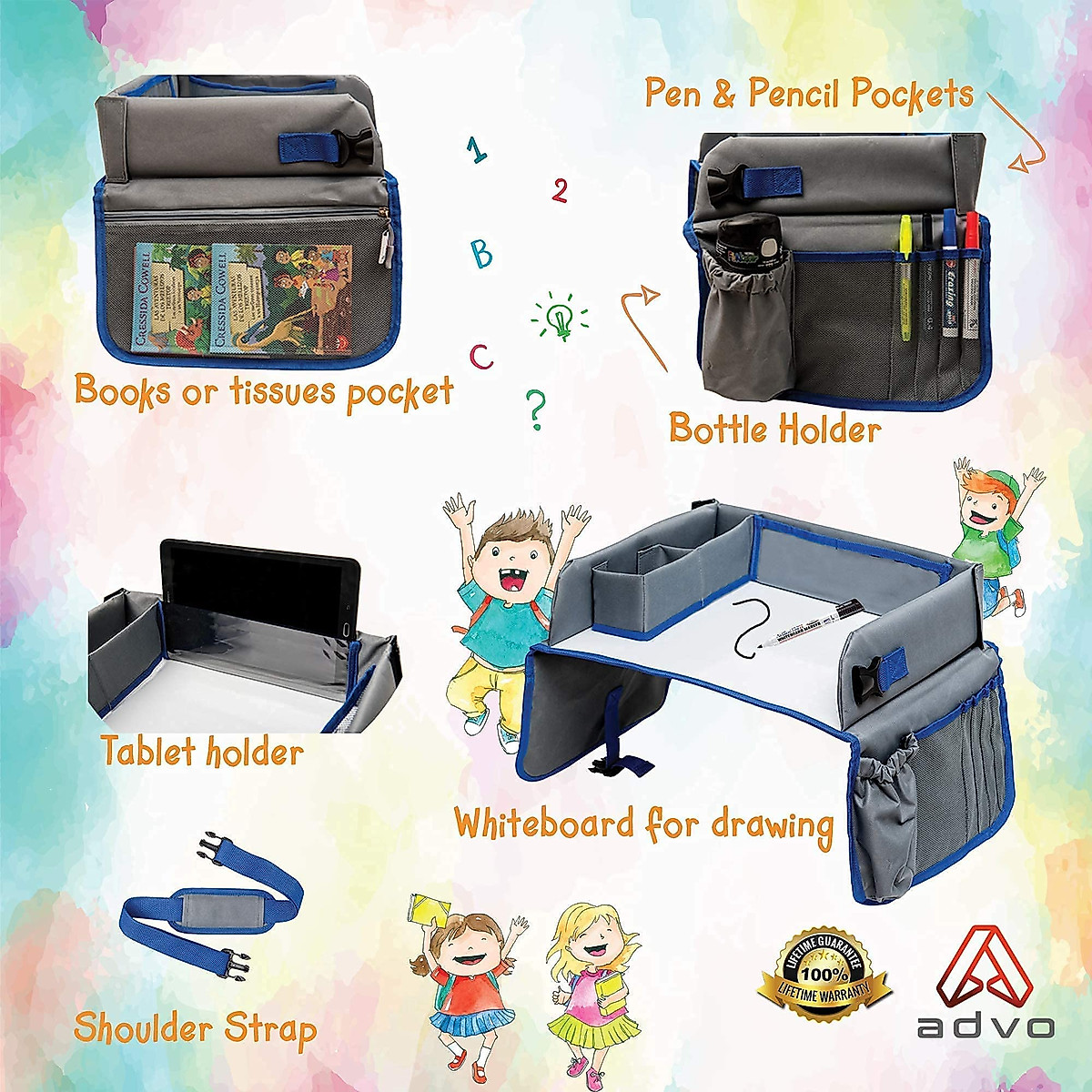 ADVO Kids Travel Tray Car Seat - Activity and Play Tray Organizer for Children and Toddlers, Lap Desk with Tablet Phone Holder, Waterproof and Foldable Whiteboard (Grey)