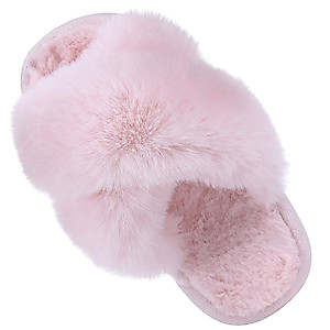 Girl's Soft Plush Lightweight House Slippers Non Slip Cross Band Slip on Open Toe Cozy Indoor Outdoor Slippers PK33 Pink