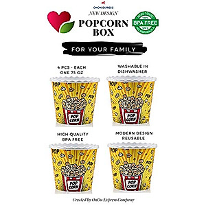 ONONEXPRESS Modern Style Reusable Plastic Popcorn Box/Popcorn Containers/Popcorn Bowls Set for Movie Theater Night - (BPA Free - YELLOW 4 Pack-75 oz)