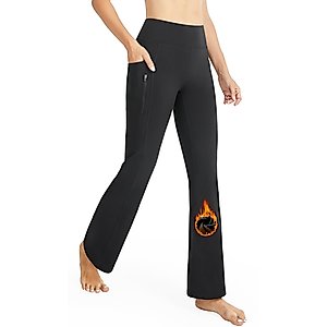 AFITNE Fleece Lined Pants Women Flare Leggings Bootcut Yoga Pants High Waisted Winter Warm Thermal Pants with Pockets-Black-L