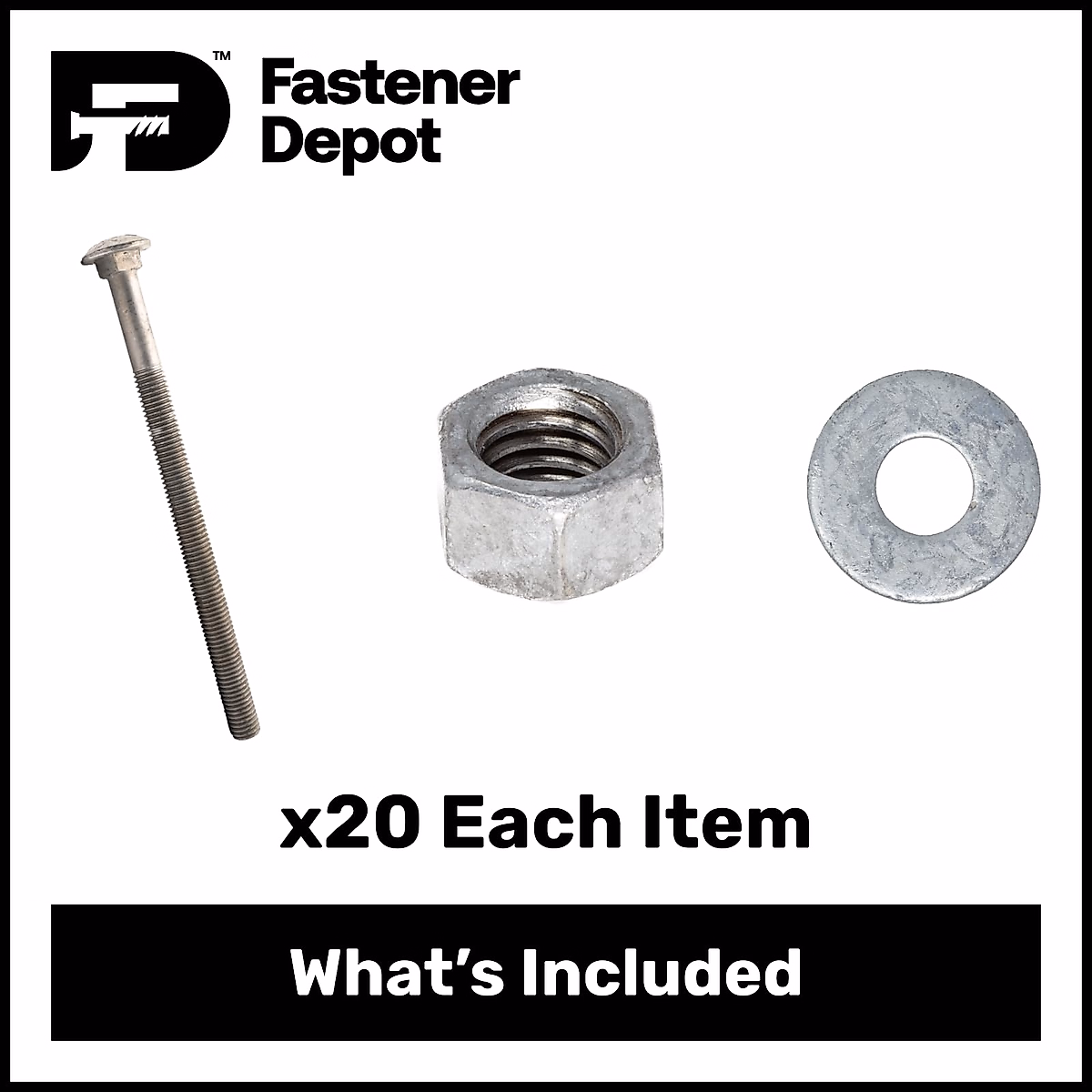 3/4"-10 x 8 Hot Dipped Galvanized Carriage Bolt w/Nuts & Flat Washers, Grade A, 6" of Thread, Quantity 20 - by Fastener Depot, LLC