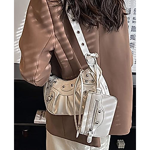 CATMICOO Shoulder Bag for Women Punk Style Rivet Satchel Handbags Y2K Purse with Removable Zipped Pouch