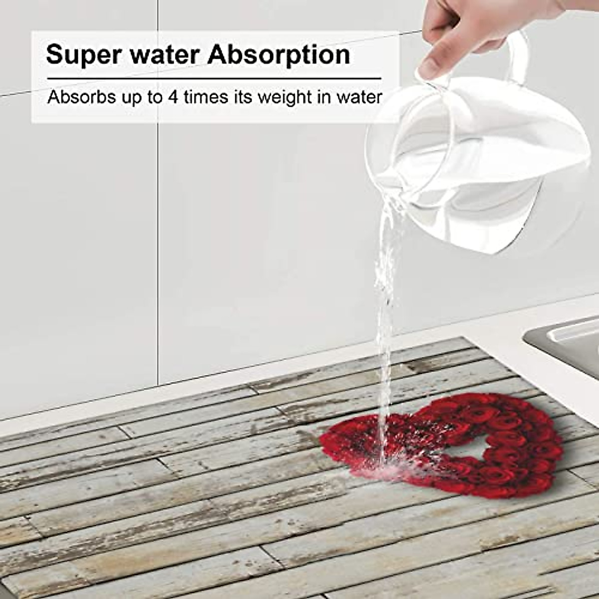 Red Heart-Shaped Roses Printed Drying Mat For Kitchen Ultra Absorbent Microfiber Dishes Drainer Mats Non-Slip Silicone Quick Dry Pad - 18 X 16inch