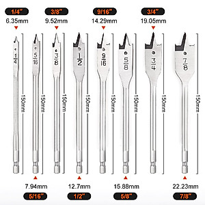COMOWARE 13 Pcs Spade Drill Bit Set - Paddle Flat Bits Set for Woodworking, SAE, Portable Nylon Storage Holder