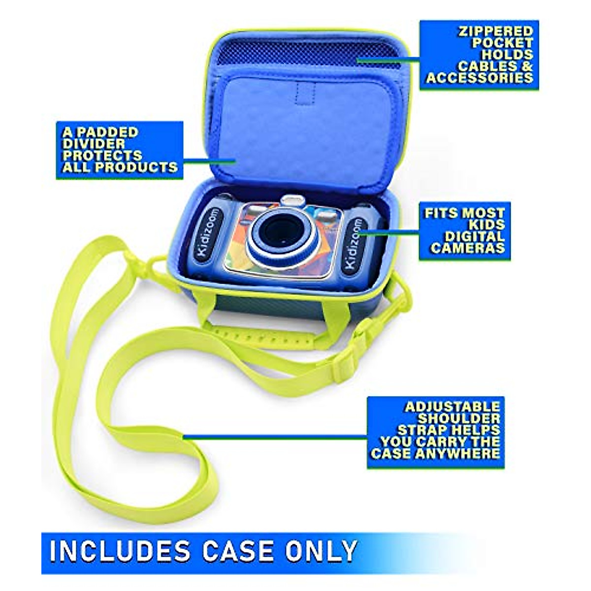 CASEMATIX Camera Case Compatible with VTech KidiZoom Camera and Camera Accessories with Shoulder Strap and Padded Interior Divider, Blue Travel Case Only