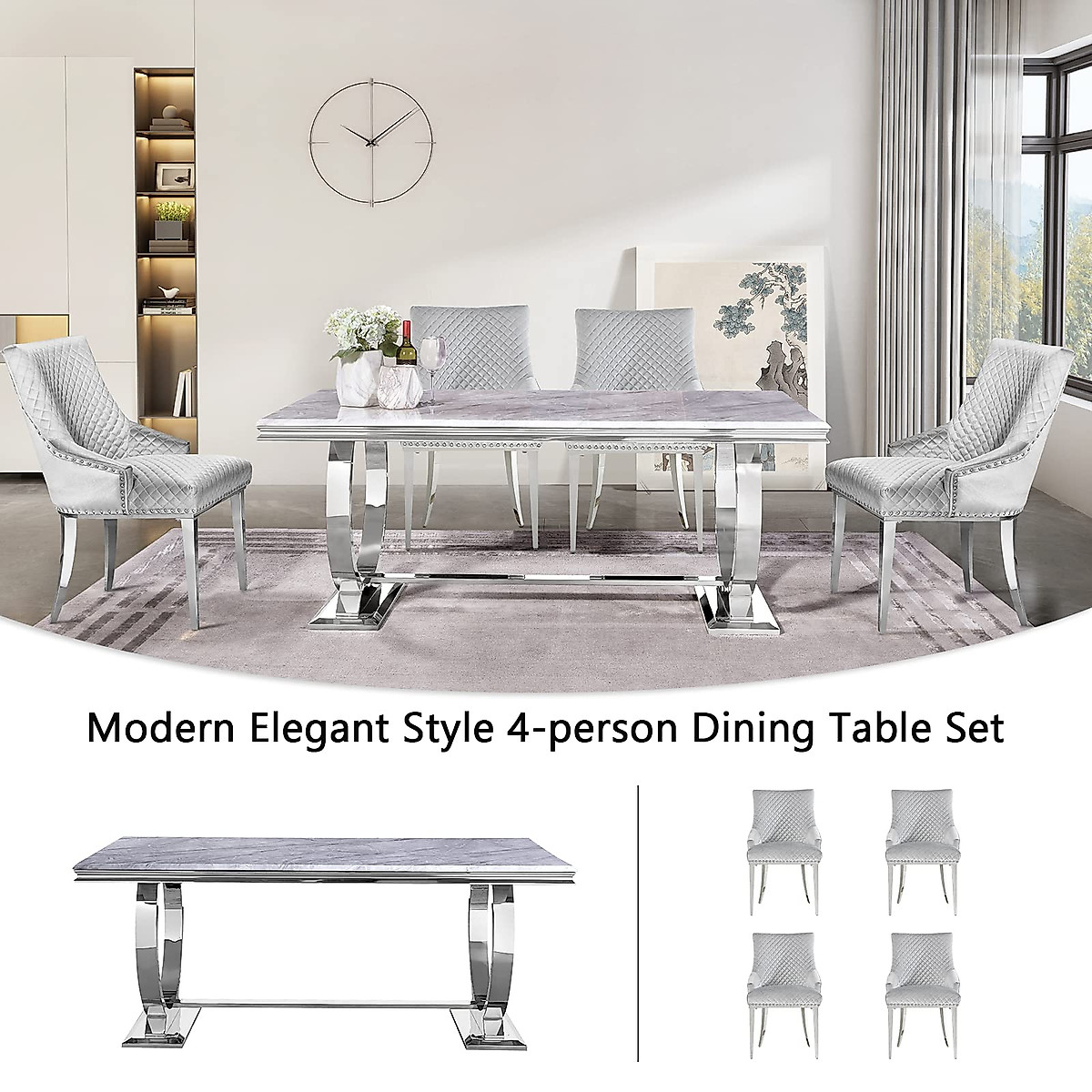 Anewsun 5 Pieces Dining Table Set for 4, Modern Kitchen and Dining Room Sets for 4 with Silver Metal Circle Base Dining Table and Silver Gray Velvet Upholstered Dining Chairs