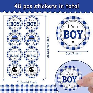 48PCS Baby Q Stickers, BBQ Baby Shower Decorations, Baby Que Baby Shower Stickers Party Favors Baby Q Thank You Stickers Blue Boy Baby Shower
