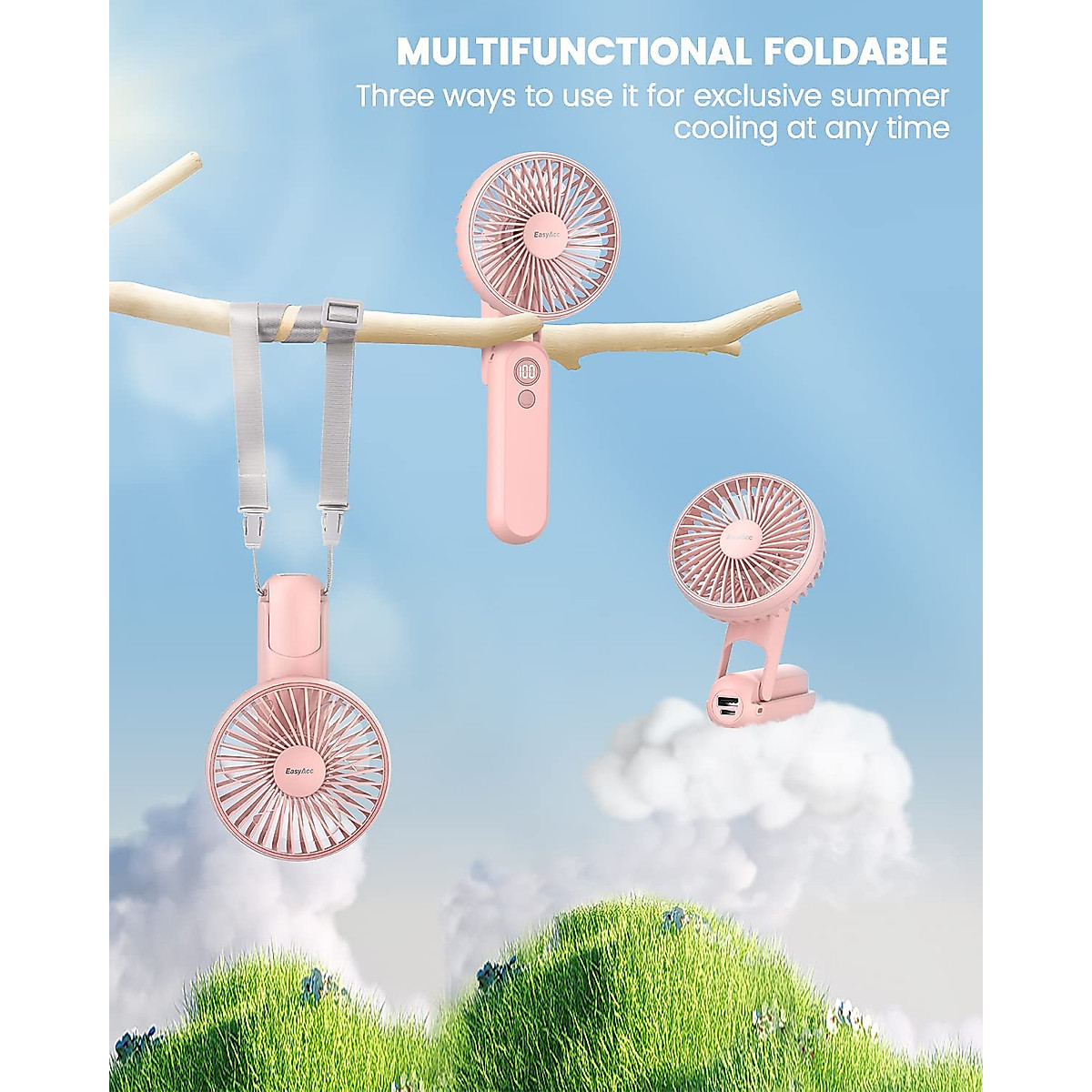 EasyAcc Portable Hand Held Fan, Ultra Quiet 5 Speed Personal Fan, LED Dispay USB C Rechargeable Handheld Fan, 180° Foldable Small Desk Fan, Electric Cooling Fan&PowerBank for Office Home Travel