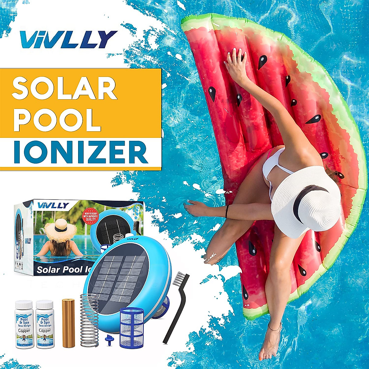 Vivlly Solar Pool Ionizer, Cleaner, and Purifier Restores Clear, Chlorine-Free Water, Long Lasting Anode for 35,000 Gallons, Natural Shock for Swimming Areas, Smart Replacement