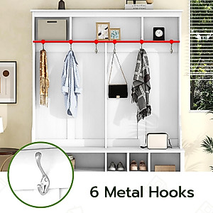 Rovibek Hall Tree with Bench and Shoe Storage Coat Rack 60in Entryway Bench Wooden Shoe Rack Storage Cabinet Shelf Entryway Furniture Home Organizer for Living Room Entryway, White