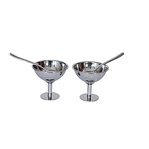 Ice cream stainless steel Dessert Cups, 5.5 Ounce Ice Cream Bowl Including Long Handle Stainless Steel 2 Spoons suitable for eating desserts Set of 2(silver)