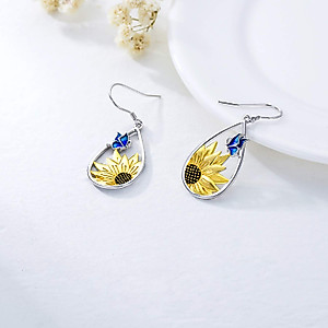 Sunflower/Dragonfly/Daisy Teardrop Dangle Earrings 925 Sterling Silver Boho Bohemian Sunflower Hook Earrings for Women Mothers Day Jewelry Gifts