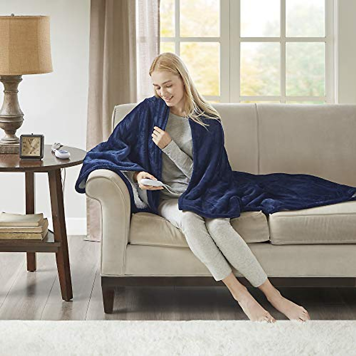 Woolrich Heated Plush to Berber Electric Blanket Throw Ultra Soft Knitted , Super Warm and Snuggly Cozy with Auto Shut Off and Multi Heat Level Setting Controllers, Throw: 60x70", Indigo