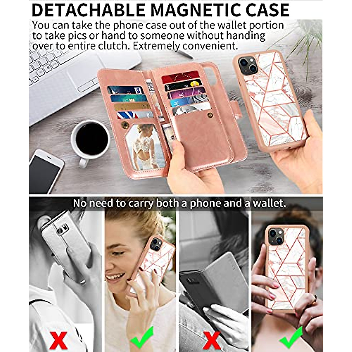 CASEOWL Compatible with iPhone 13 Wallet Cases, Magnetic Detachable Wallet Case for iPhone 13, Marble Pattern PU Leather Folio Phone Case with Card Holder[RFID Blocking], Wrist Strap for Women, Pink