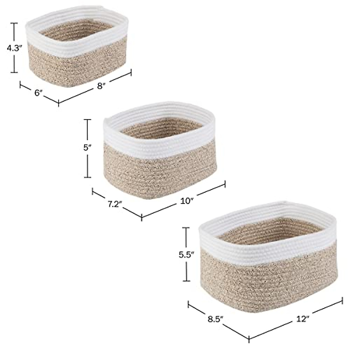 Home-Complete 3-Piece Set Small, Medium, and Large Rope Baskets for Makeup, Towel, Nursery, Office and Classroom Storage, White and Natural
