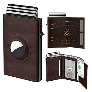 Mens Wallet Card Holder for AirTag: Leather Smart Wallet for Men Compatible with Apple Air Tag, RFID Blocking, Slim, Carbon Fiber, Minimalist - 9-14 Card Capacity | ID Window | Cash Slot (Brown)