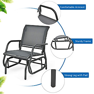 Giantex Swing Glider Chair W/Study Metal Frame Comfortable Patio Chair Love-Seat for Garden, Porch, Backyard, Poolside, Lawn Outdoor Rocking Chair (1, Gray)