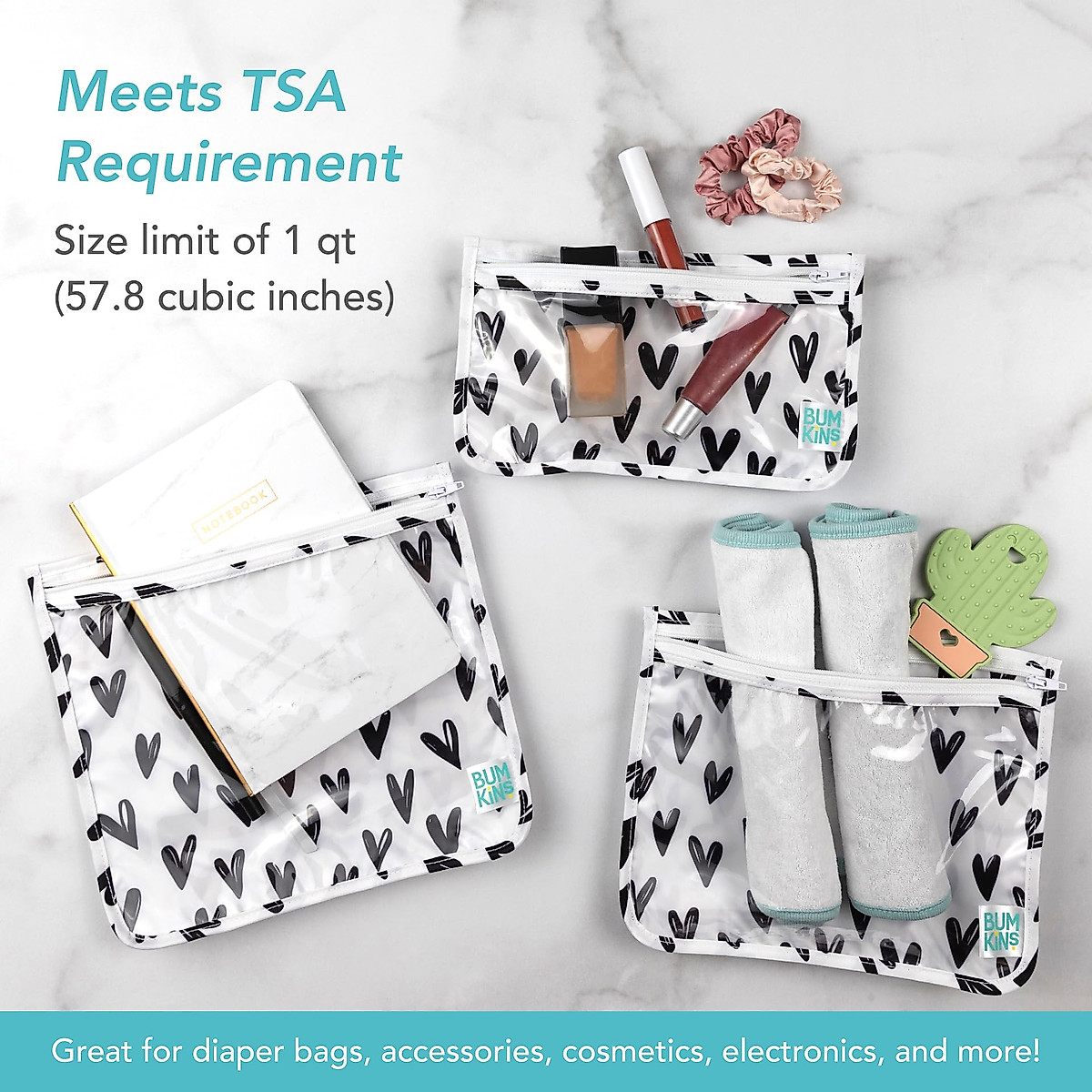 Bumkins Travel Bag, Toiletry, TSA Approved Pouch, Zip Bag, Quart Size Airline Compliant, Clear-Sided, Baby, Diaper Bag Organization, Makeup, Accessories, Packing, Set of 3 Sizes, Black Hearts