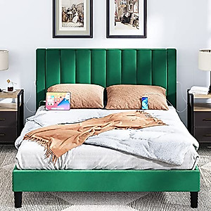 YITAHOME Queen Size Bed Frame, Green Upholstered Bed Frame with USB Ports, Vertical Channel Velvet Headboard Platform Bed Frame, No Box Spring Needed, Easy Assembly