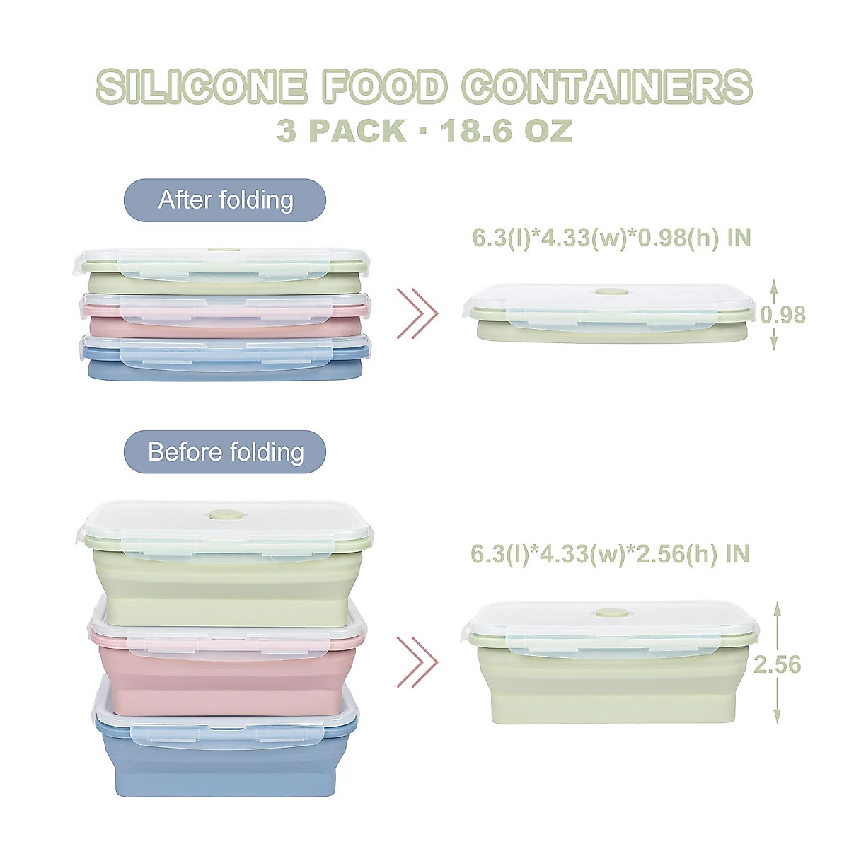KIGI 【3 PACK】 18.6OZ Collapsible Small Bento Box Food Storage Containers with Lids Airtight Meal Prep Containers,BPA FREE,Microwave Safe