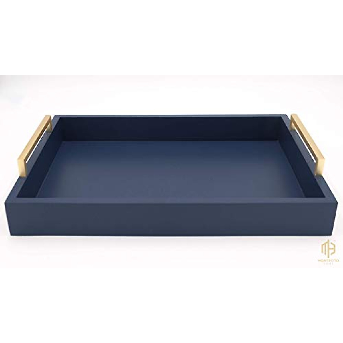 Montecito Home Decorative Coffee Table Tray - Ottoman Tray - Breakfast, Drinks, Liquor Serving Platter - from Farmhouse to Modern - Matte Finish - Champagne Gold Handles - Twilight Blue