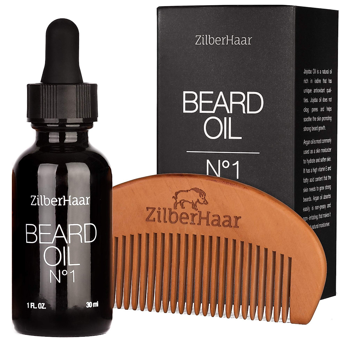 ZilberHaar Beard Oil and Brushes Bundle - Regular Beard Brush Stiff + 1oz Beard Oil + Beard Comb + Pocket Beard Brush Stiff