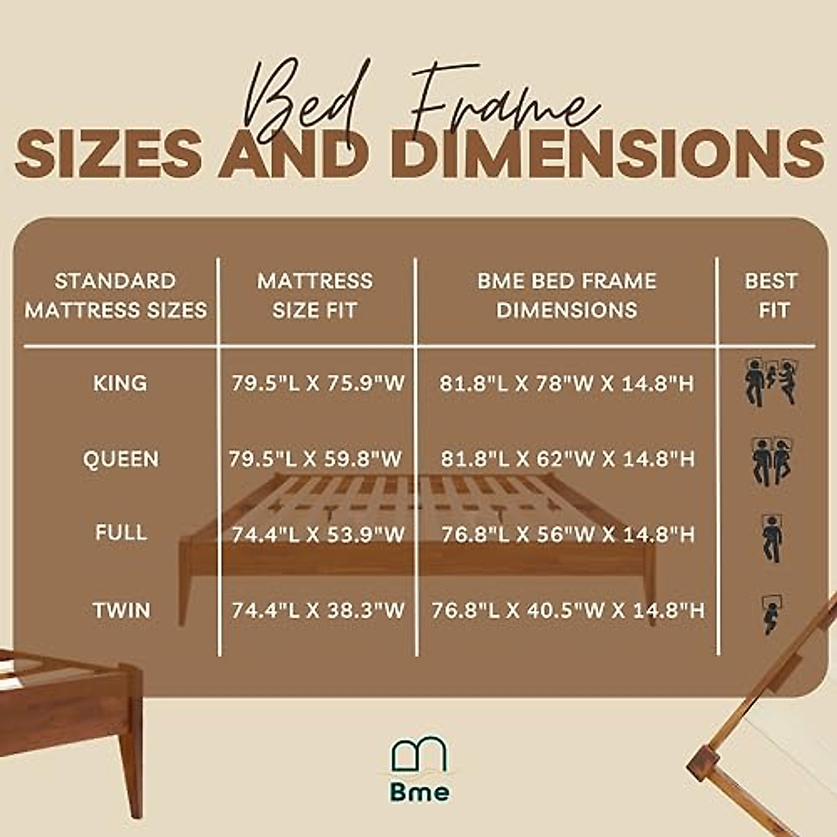 Bme Dinkee 15 Inch Signature Bed Frame Without Headboard - Modern & Minimalist Style with Acacia Wood - 12 Strong Wood Slat Support - Easy Assembly - No Box Spring Needed - Caramel, King