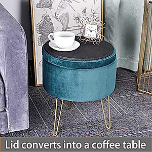 GLOVAL HOME Modern Round Velvet Storage Ottoman Footrest Stool/Seat with Gold Metal Legs & Tray Top Coffee Table,Vanity Stool- (Teal)