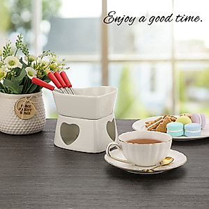 BSTKEY White Ceramic Butter Warmer Set, Heart Shaped Fondue Pot Melting Pot Set, Melt Hot Pot Bowl Set for Cheese Chocolate Butter Caramel, with 4 Forks