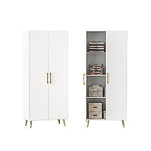 NOVAMAISON White Storage Cabinet 69” Tall - Storage Cabinet w/ 2 Doors and Adjustable Shelves, Freestanding Kitchen Pantry w/Gold Handles and Legs, Wooden Wardrobe Cabinet for Bedroom, Laundry