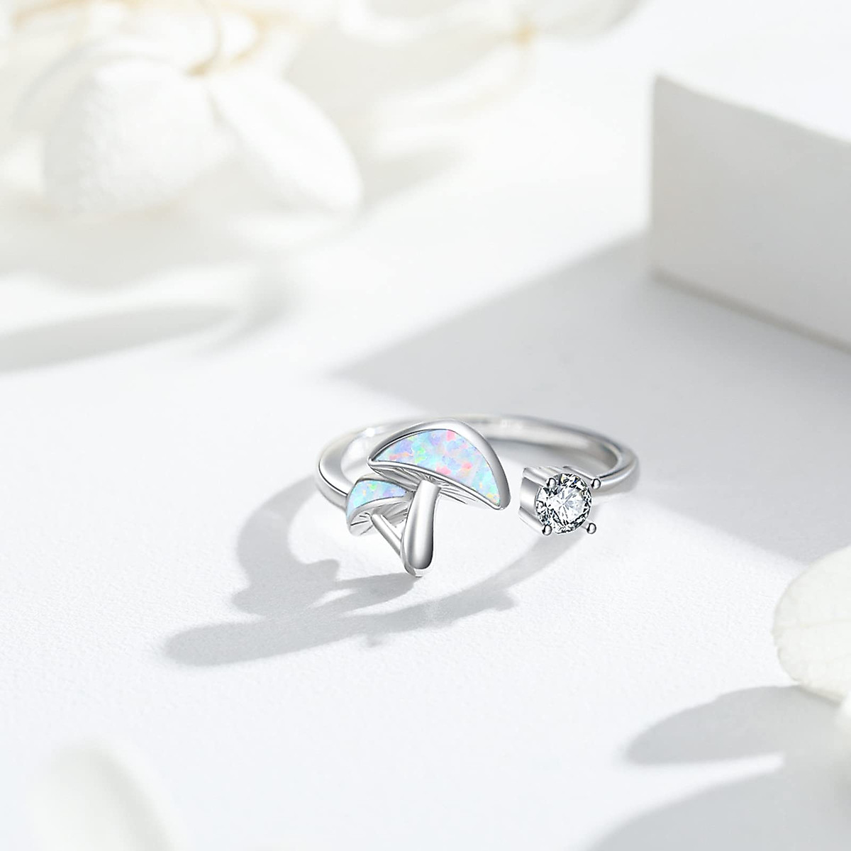 OHAYOO Mushroom Ring Adjustable S925 Sterling Silver Mushroom White Opal Open Ring Mushroom Ring Jewelry Gifts For Women Teen Girls