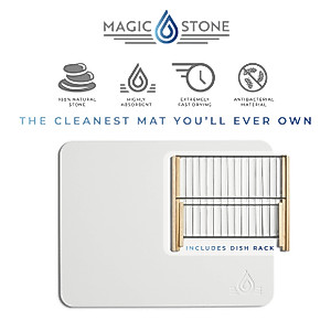 Magic Stone - Diatomaceous Earth Kitchen Mat and Bamboo Dish Rack – Super Absorbent Dish Drying Mats for Kitchen Counter, Durable & Quick Drying Mat (White)