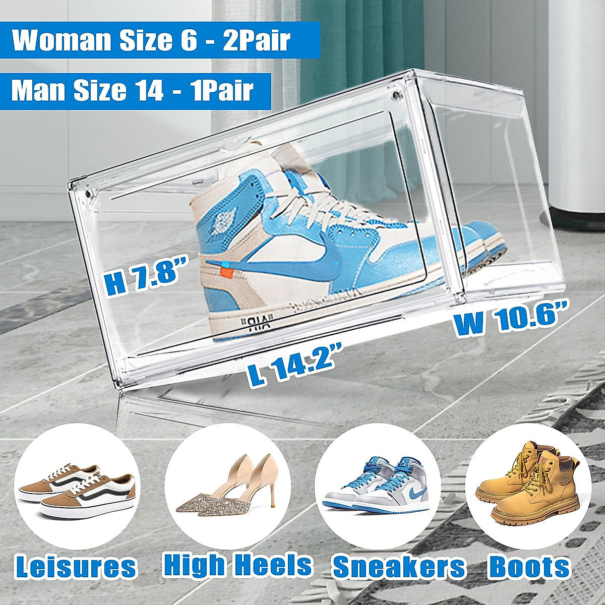 EZJOB Modern Clear Shoe Box, Acrylic Sneaker Shoe Storage Box, Stackable Shoe Display Case with Magnetic Door, 1 Pack Size 15