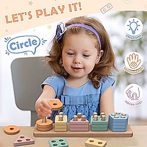 pigipigi Montessori Toys Gift for 1 2 3 4 Years Old - Wooden Sorting Stacking Toy Toddler Baby Preschool Kids Boys Girls Learning Color Shape Block Educational Activity Game Christmas Birthday Gifts