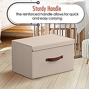 Ornavo Home 3 Pack Collapsible Storage Bins with Lid, Foldable Linen Fabric Shelf Storage Basket Closet Organizer and Large Storage Box for Clothes with Leather Handles, 15 x 10 x 9, Beige