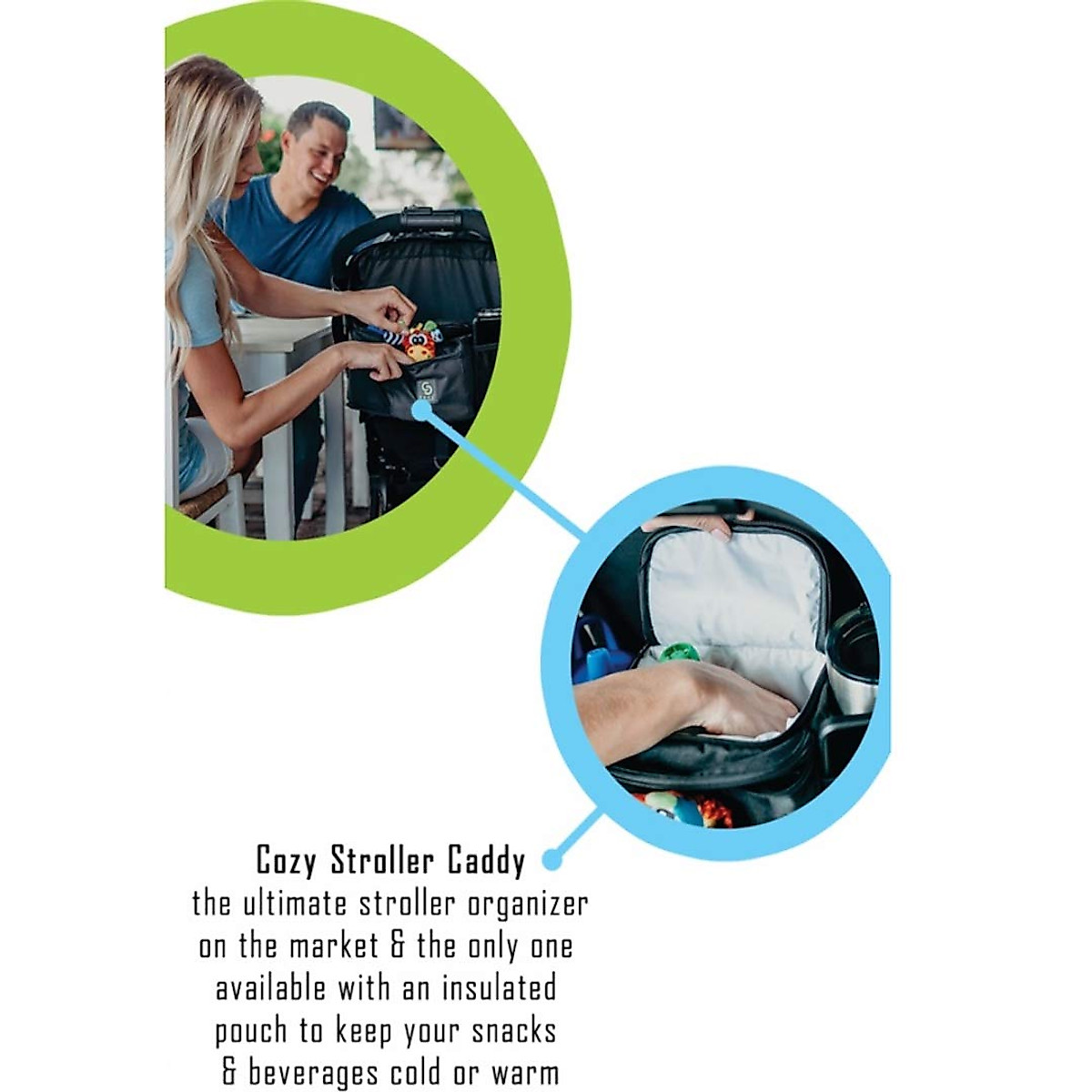 Cozy Stroller Caddy Organizer (Black, Insulated) - Everything Mom Needs on Stroller - 2 Deep Cup Holders, 3 Separate Spaces, Front Cellphone Holder, Wallets, Diapers, Milk