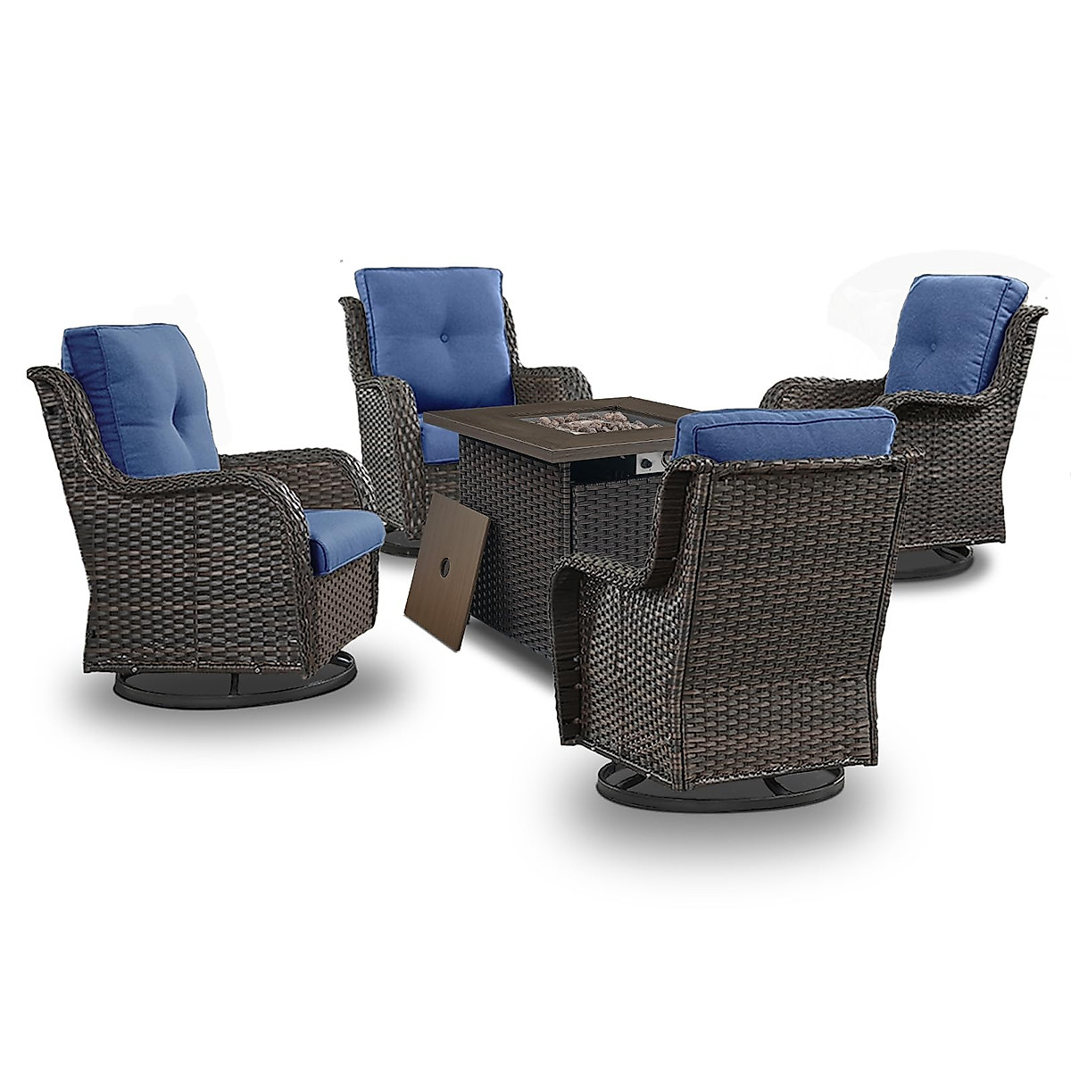 Wicker Patio Furniture Set- 4 Pieces Outdoor Swivel Rocker Chairs with 50,000 BTU Fire Pit Table,PE Rattan Outdoor Conversation Set for Garden Porch Deck