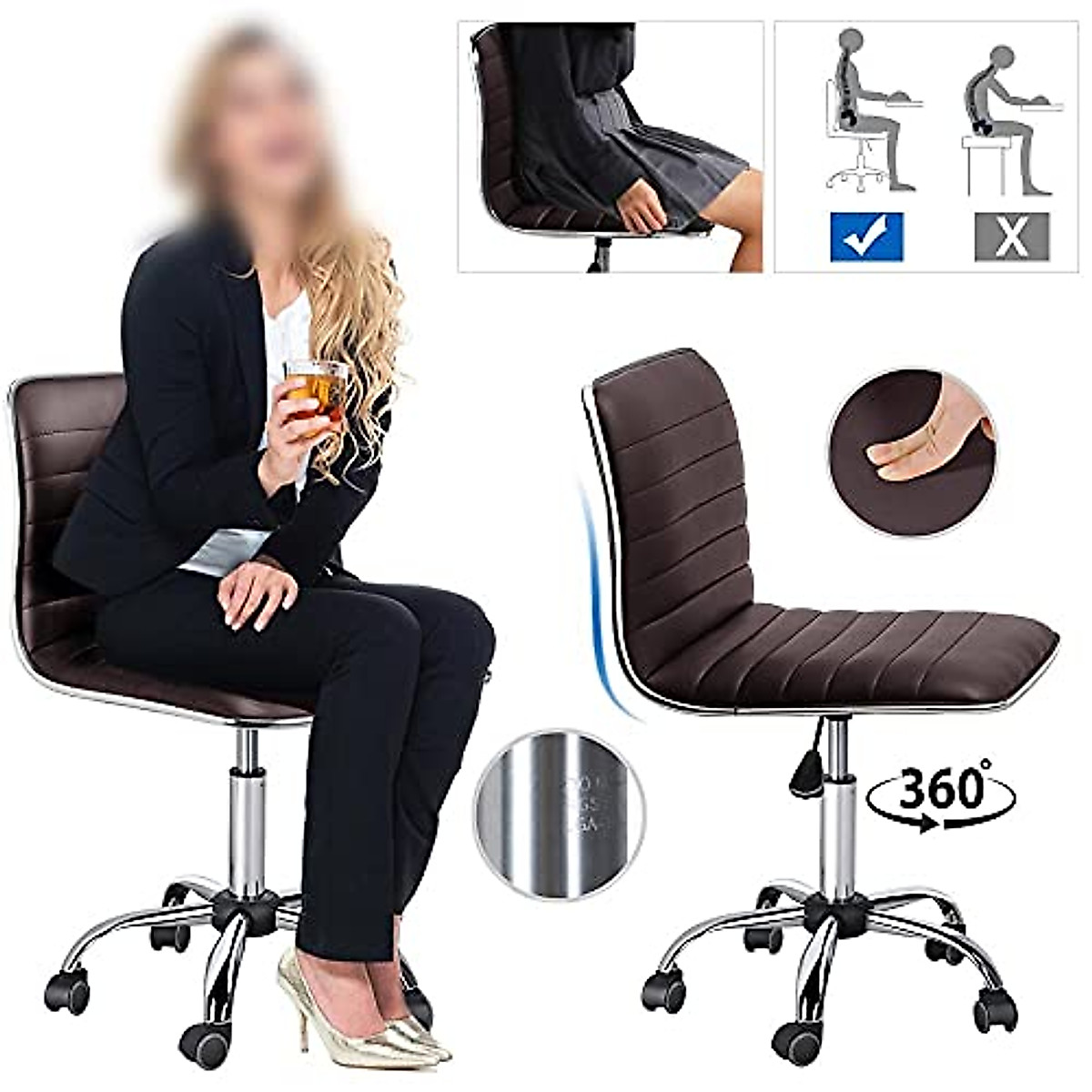 Topeakmart Armless Office Chair Task Chair Leather Ribbered Modern Desk Chair Adjustable Low-Back Swivel Chair w/Rolling Wheels Accent Comfy Working Chair Makeup Chair, Brown