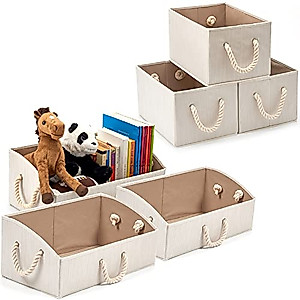 EZOWare Set of 6 Large Storage Bins Foldable Fabric Organizer Boxes with Cotton Rope Handle, Collapsible Basket for Closet, Baby Toys, Diaper - Beige