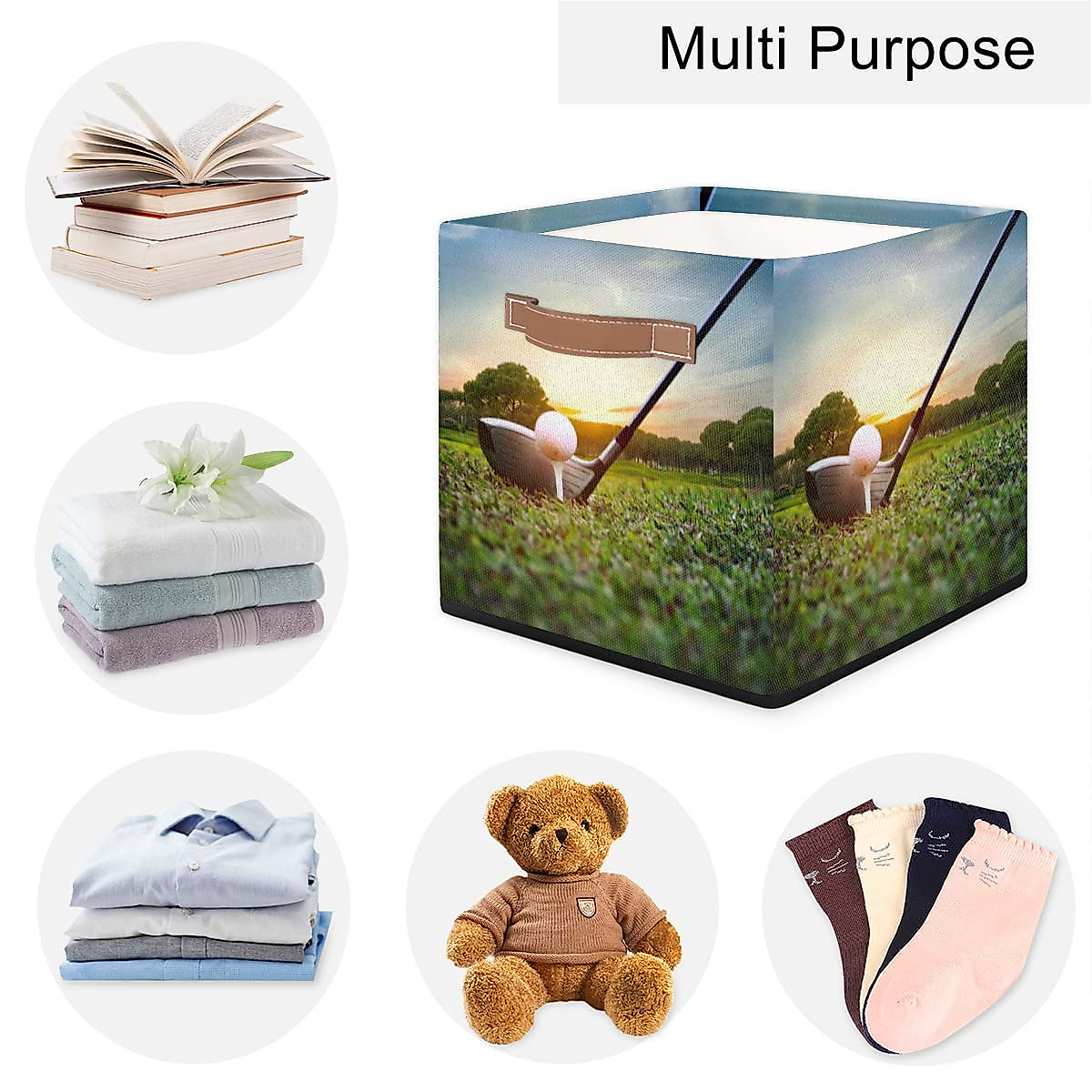 OMFUNS Sport Golf Ball Storage Basket 13x13 Art Painting Collapsible Cube Storage Bin with Handle Fabric Storage Box Organizing for Closet Shelf Home Office Dorm Nursery Toy Basket