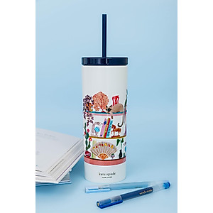 Kate Spade New York Insulated Tumbler with Reusable Straw, 20 Ounce Acrylic Travel Cup with Lid, Bookshelf
