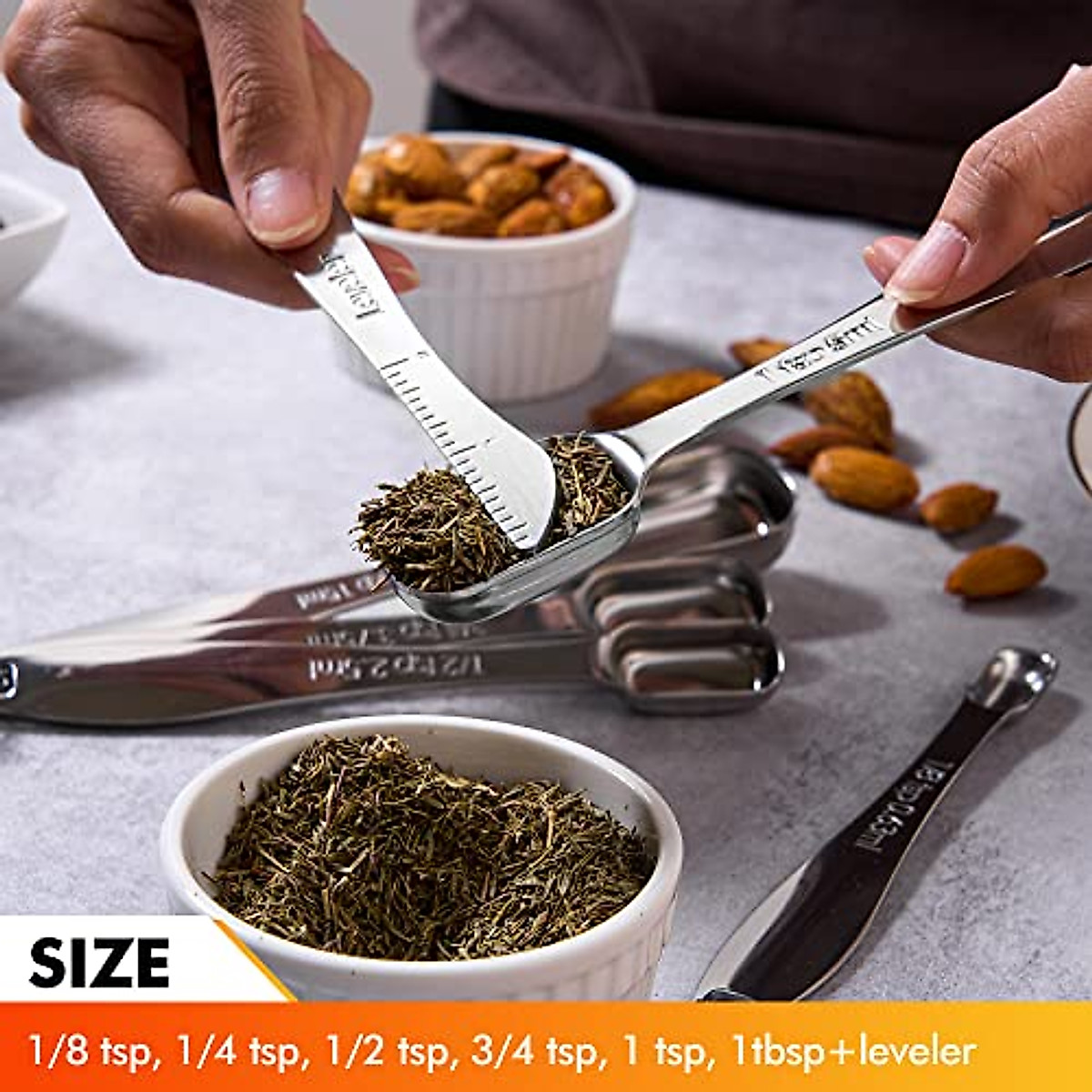 Rainspire Heavy Duty Measuring Spoons Set Stainless Steel, Metal Measuring Cups and Spoons Set for Dry or Liquid, Fits in Spice Jar, Home Gadgets Kitchen Gadgets, Set of 7 Including Leveler