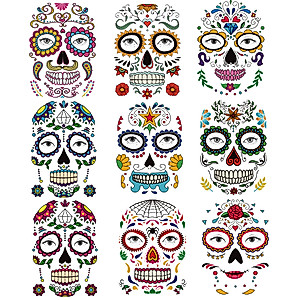 Kotbs 9 Sheets Day of the Died Skeleton Face Tattoo Stickers, Glitter Red Roses Temporary Tattoos for Men Women Halloween Costume Accessories and Parties